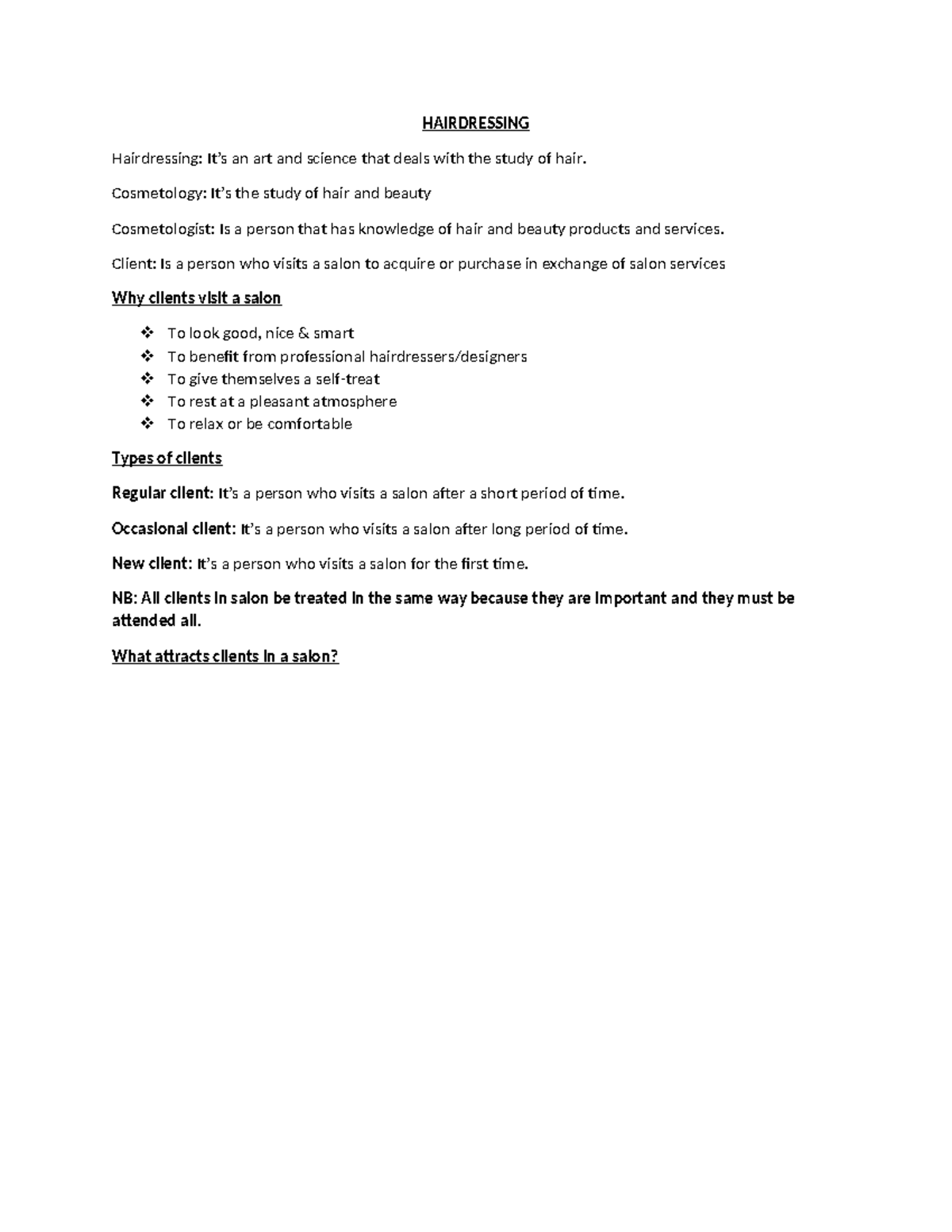 HAIRDRESSING: Understanding Clients and Salon Dynamics - NOTES - Studocu