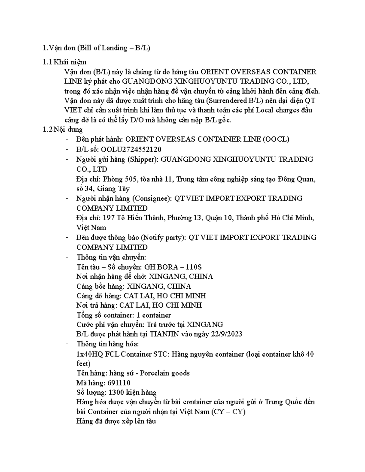 Vận Đơn (Bill of Lading) - OOLU - OOCL - Hàng Sứ Vận Chuyển Từ Trung ...