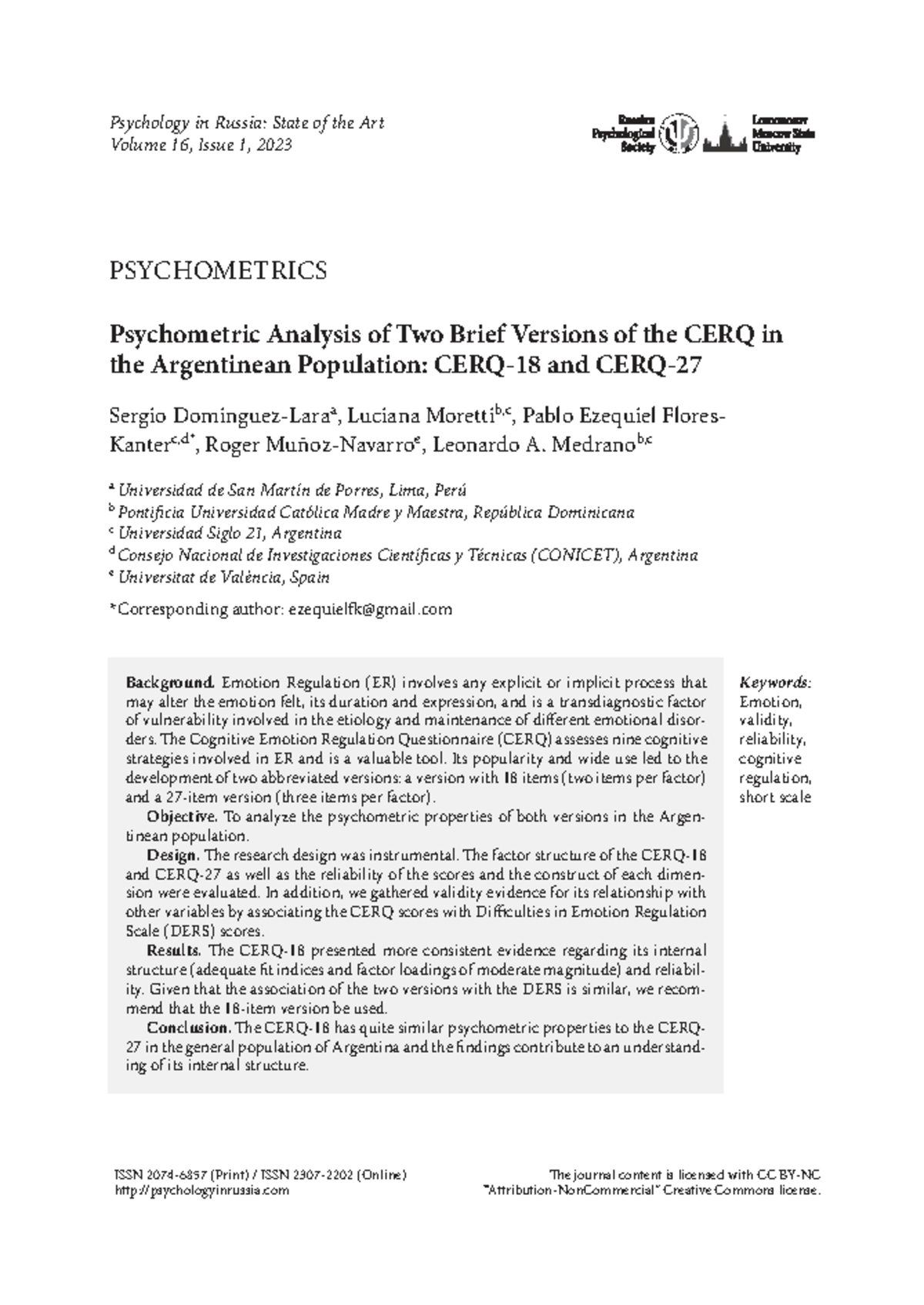Psychometric Analysis of Short CERQ Versions in Argentina - Studocu