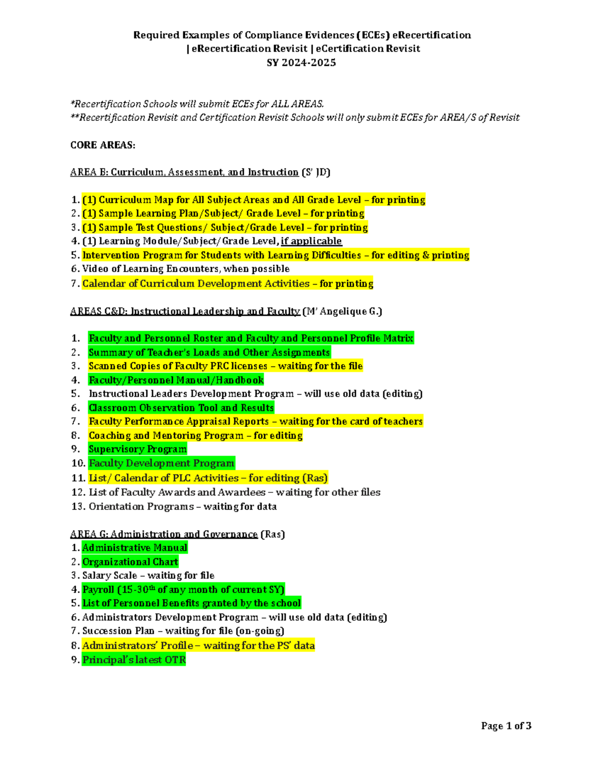 ECE Compliance Evidence Requirements for Science Course 2024-2025 - Studocu