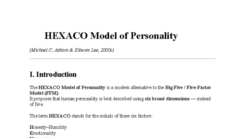 HEXACO Model of Personality Overview and Key Insights - Studocu