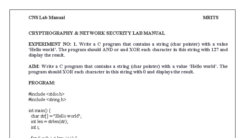 CNS Lab Manual MRITS: Cryptography & Network Security Experiments - Studocu