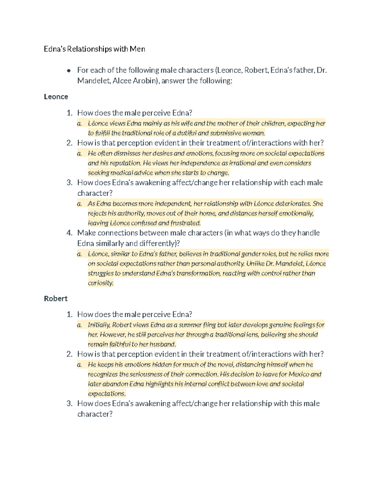 Edna's Relationships with Men - Mandelet, Alcee Arobin), answer the ...