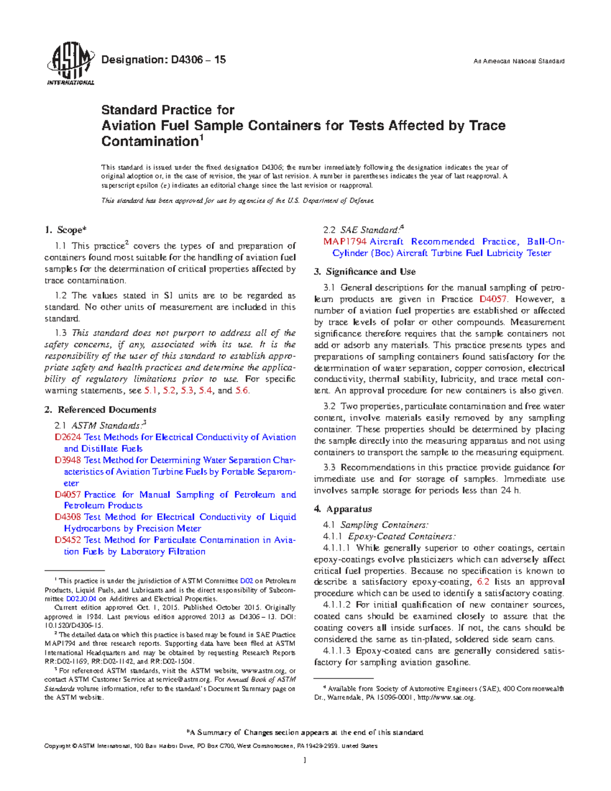 D4306-15 Standard Practice for Aviation Fuel Sample Containers - Studocu