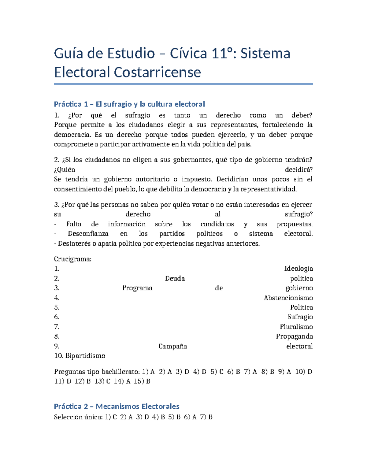 Guía de Estudio Cívica 11mo: Sistema Electoral Costarricense - Studocu
