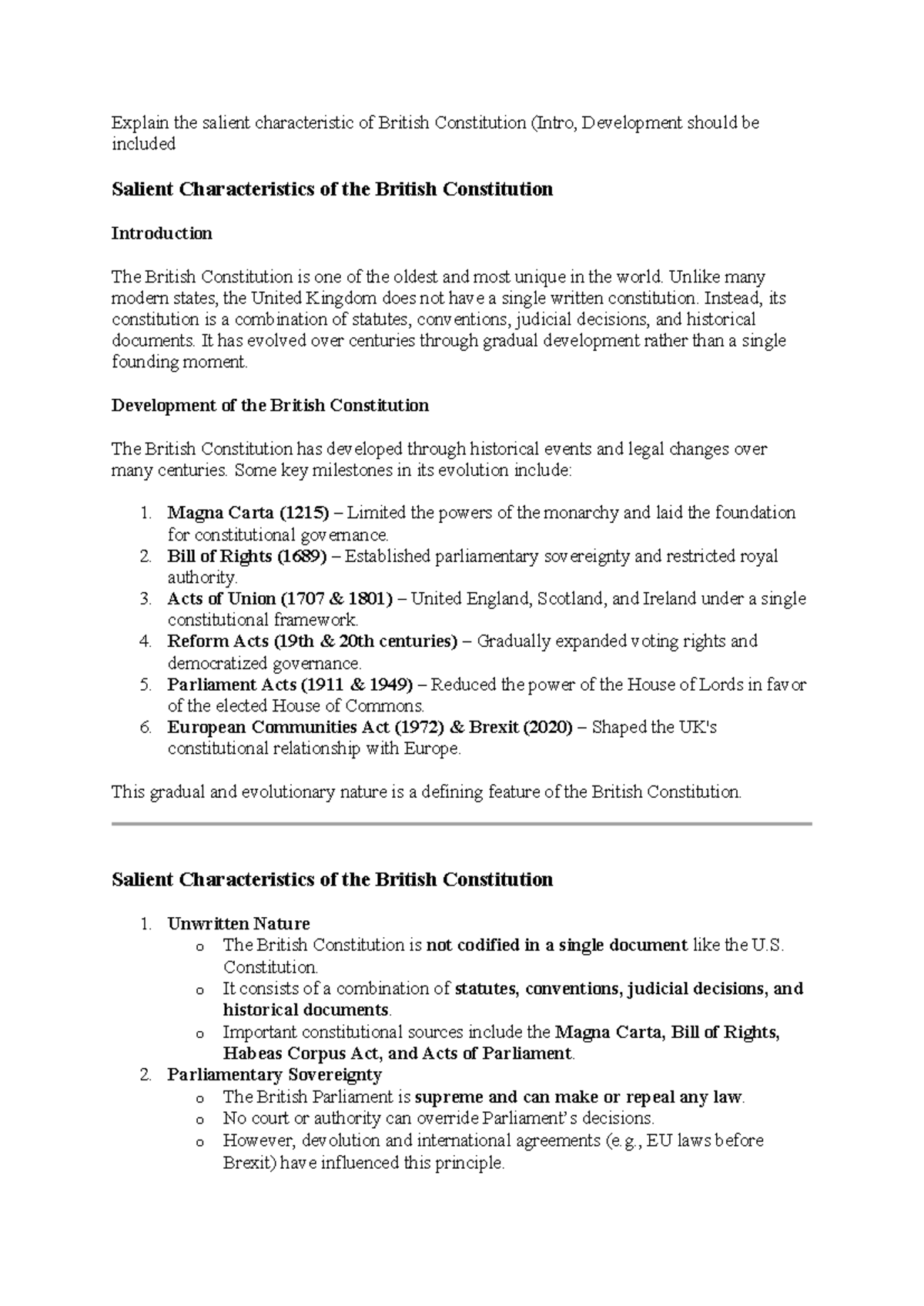Salient Characteristics of the British Constitution (UNIT-1-UK Notes ...