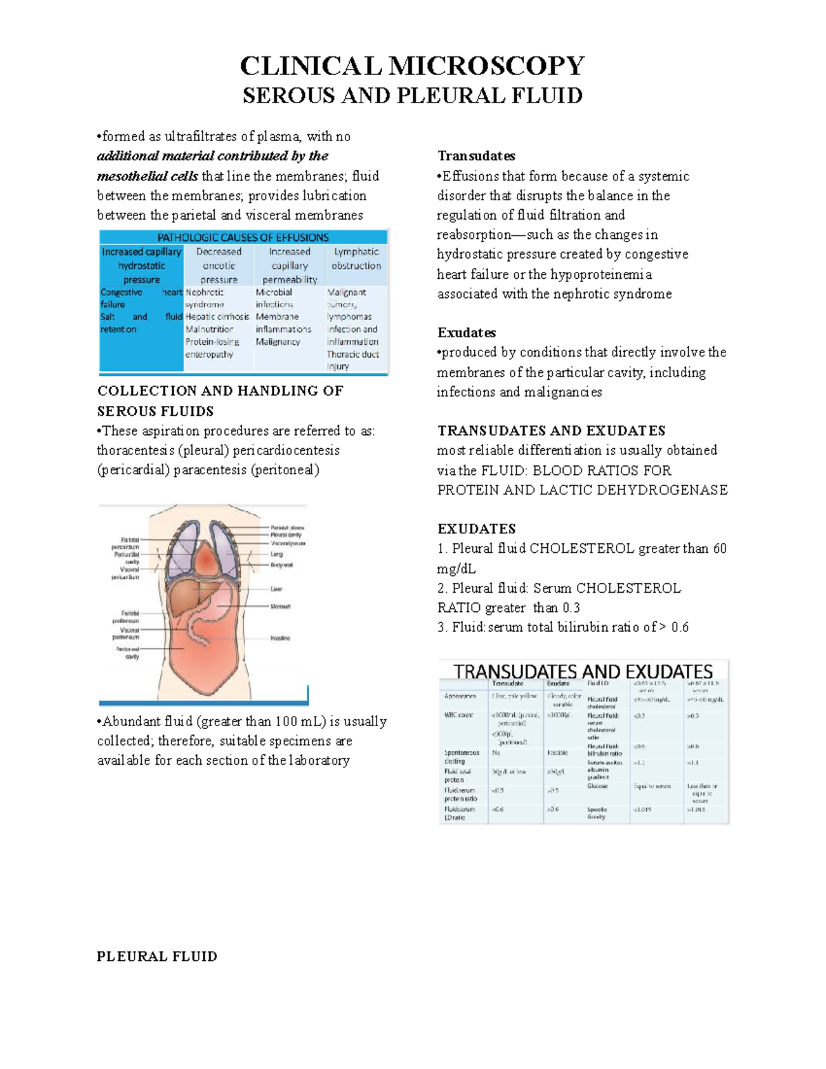 CLINICAL MICROSCOPY: SEROUS & PLEURAL FLUID ANALYSIS - Studocu