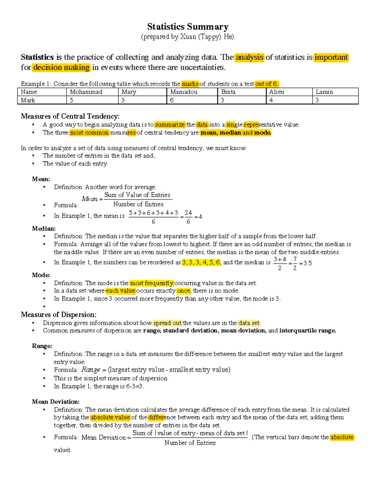 Statistics Summary: Measures of Central Tendency & Dispersion (Lect2c ...