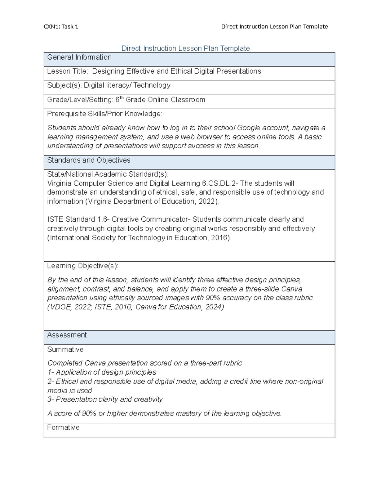 CXN1: Task 1 Direct Instruction Lesson Plan for Digital Presentations ...