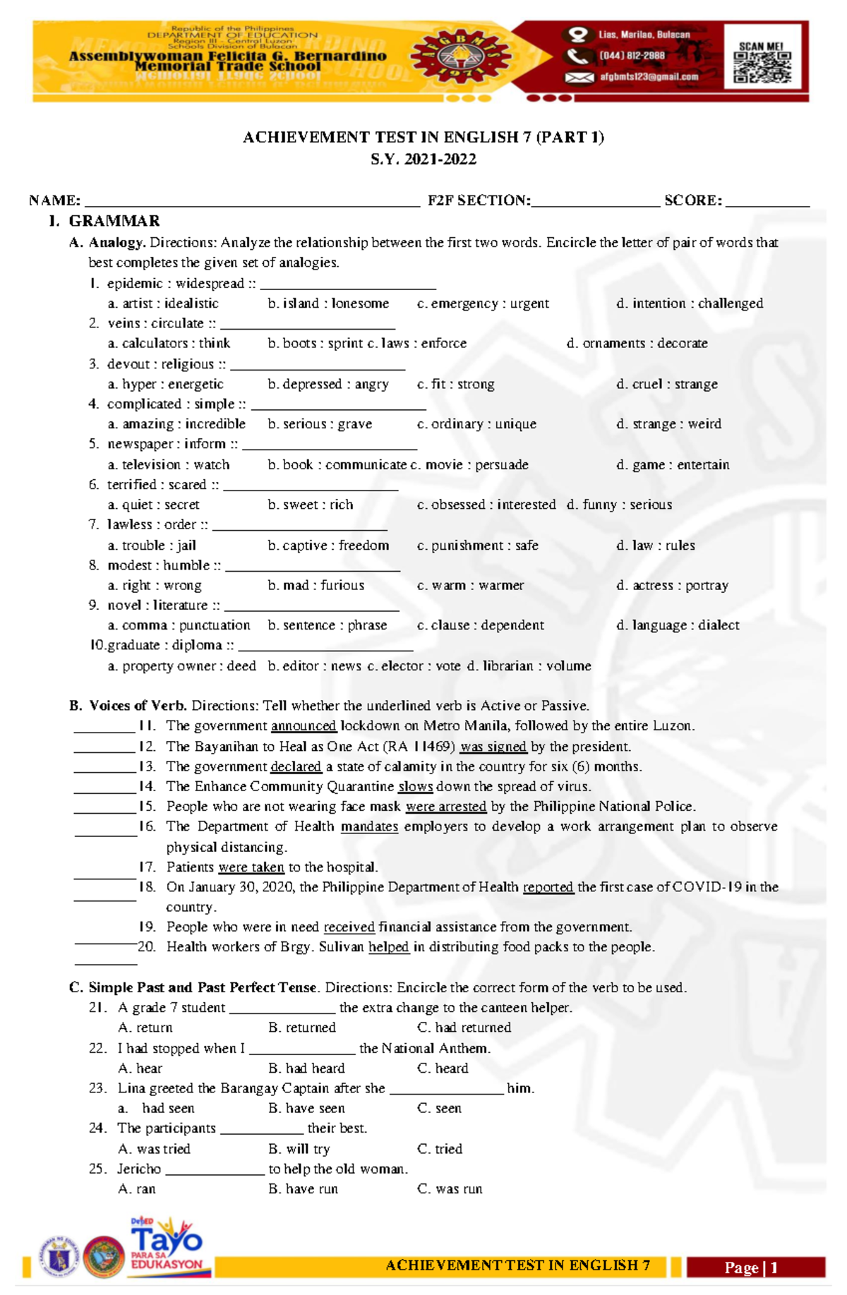 Achievement Test in English 7 - Page | 1 ACHIEVEMENT TEST IN ENGLISH 7 ...