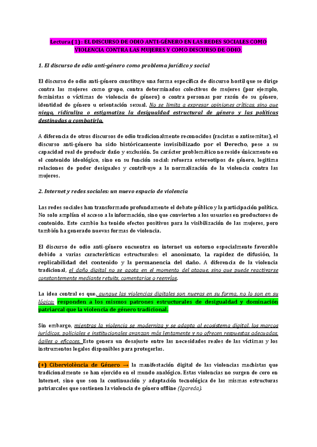 Resum de la Lectura per a l'Examen Final de Gènere i Dret (GDR-101 ...
