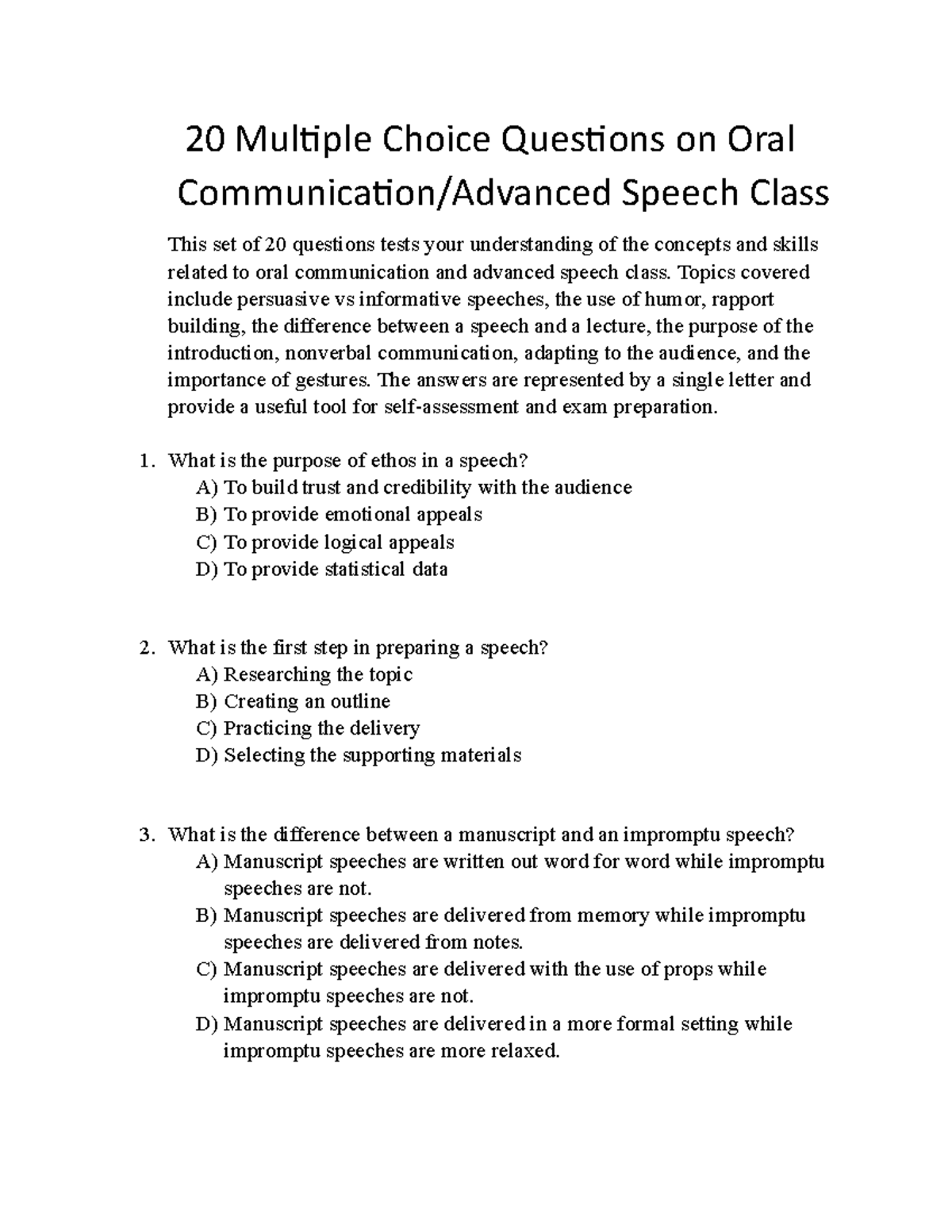 20 MCQs on Oral Communication for Adv. Speech Class - Studocu