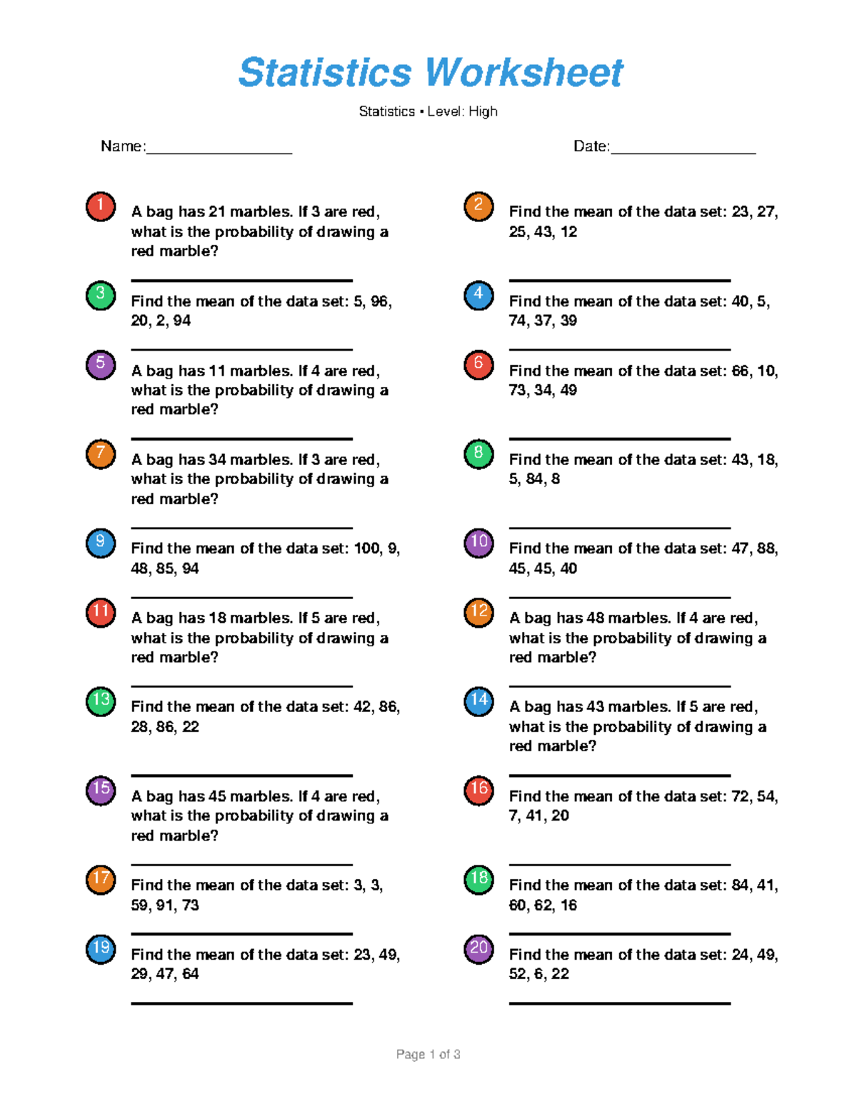 Statistics Worksheet 2: Probability & Mean Calculations - Studocu
