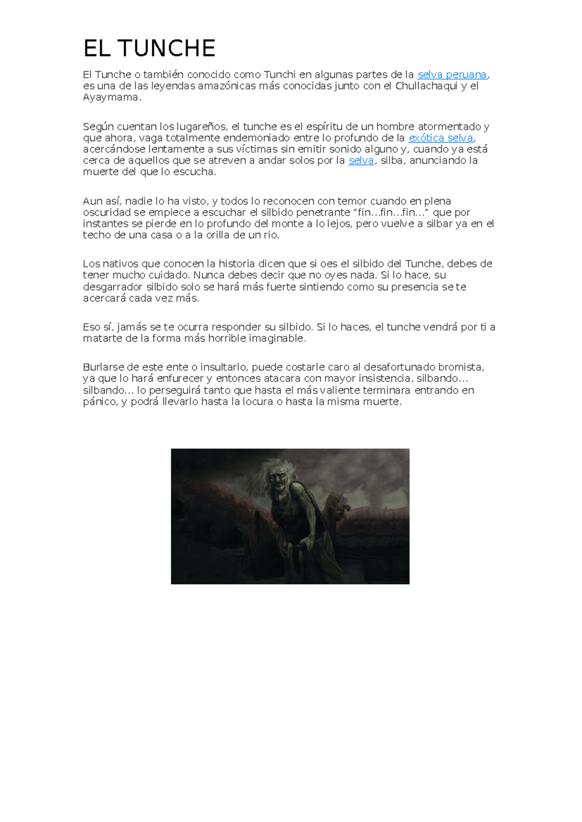 Resumen sobre la leyenda del Tunche en la Selva Peruana - Studocu