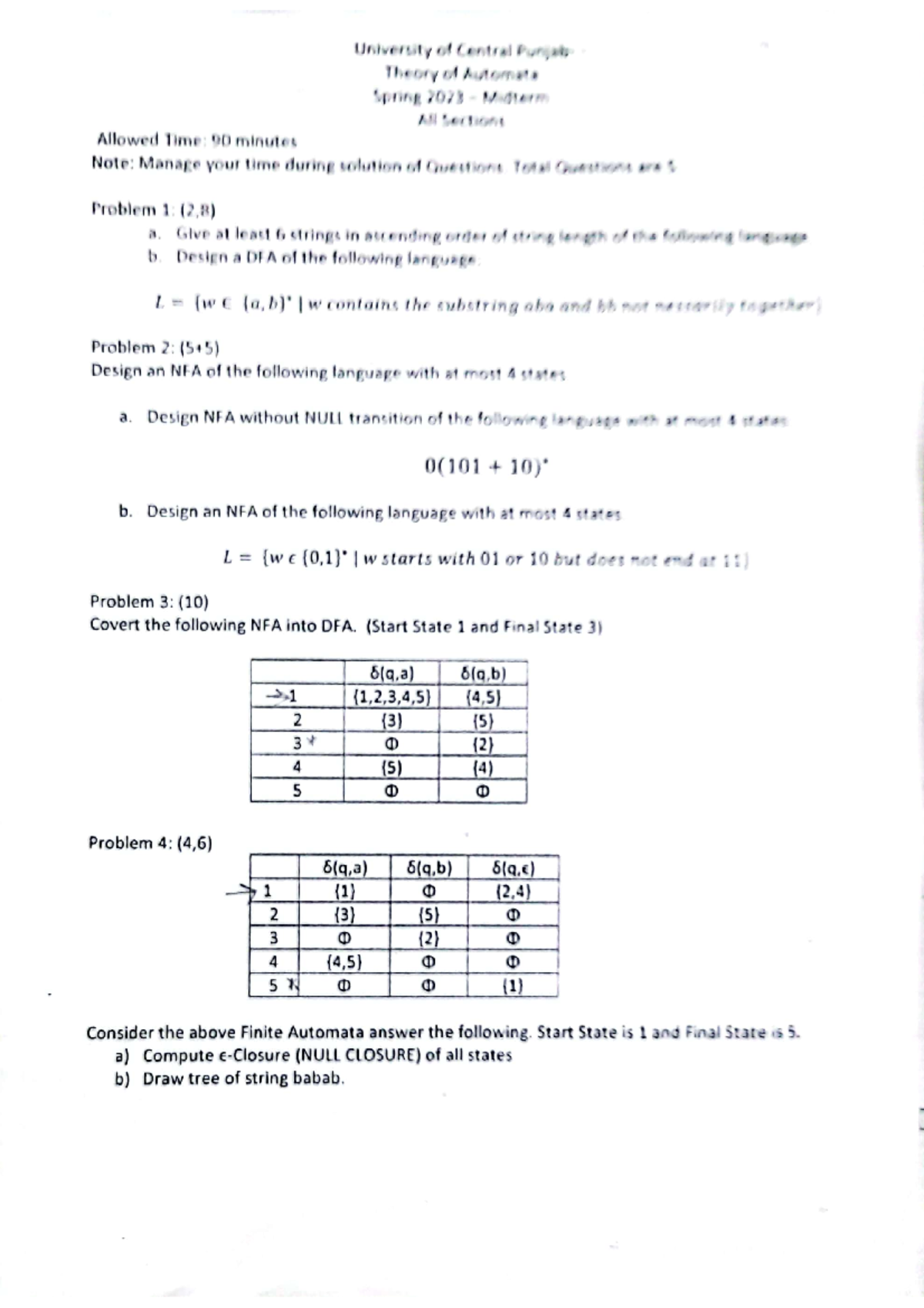 TOA Mid Paper S23-1 - Nothing - University of Central Punjab Theory of Automata Spring 2023 ...