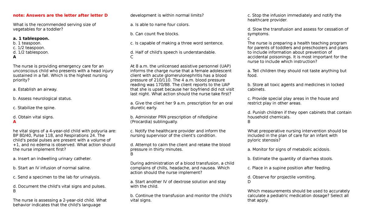 Pedia 101: SET B Quizlet - Review Questions for Nursing Students - Studocu