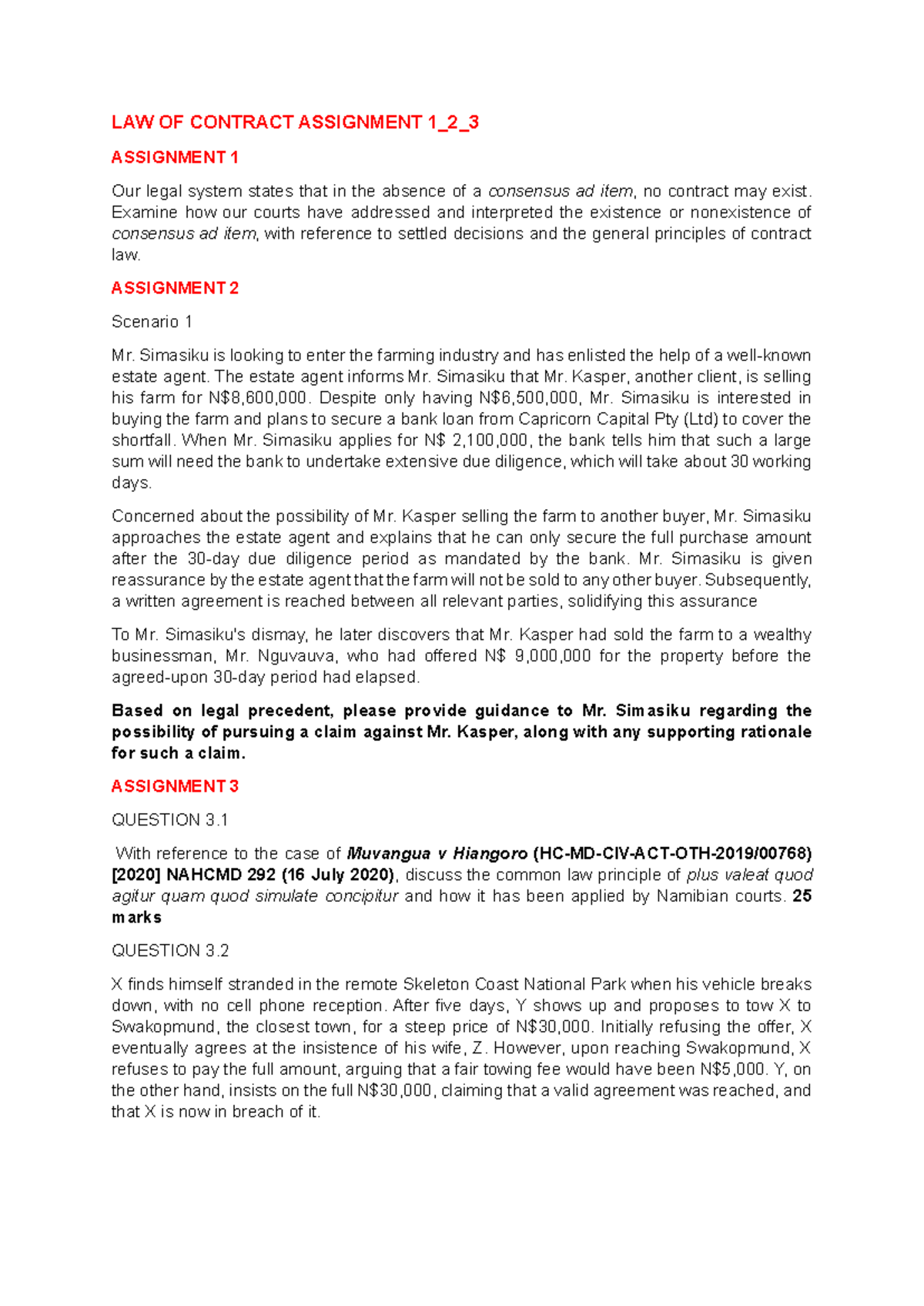Assignment 1 2 3 Questions - LAW OF CONTRACT ASSIGNMENT 1_2_ 3 ...