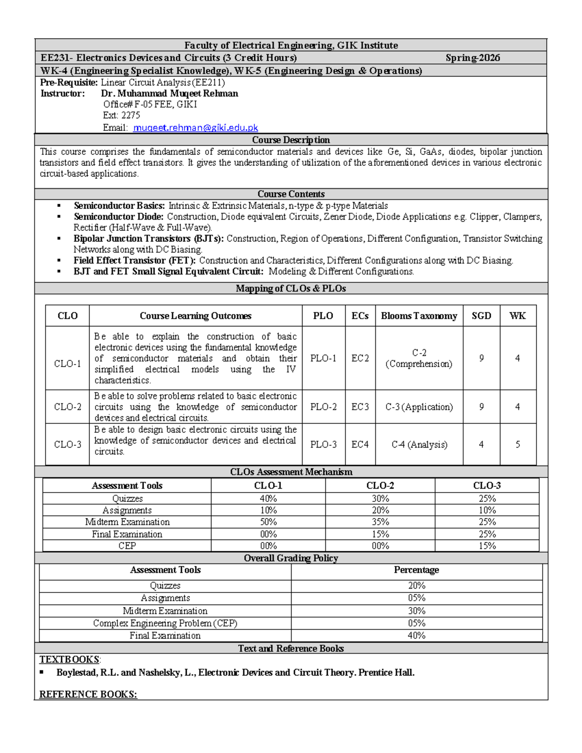 EE-231 Spring 2026 - Electronics Devices and Circuits Overview - Studocu