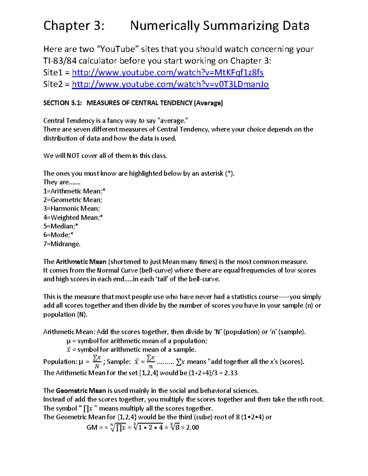 MATH141 Chapter 3: Measures of Central Tendency & Dispersion Notes ...
