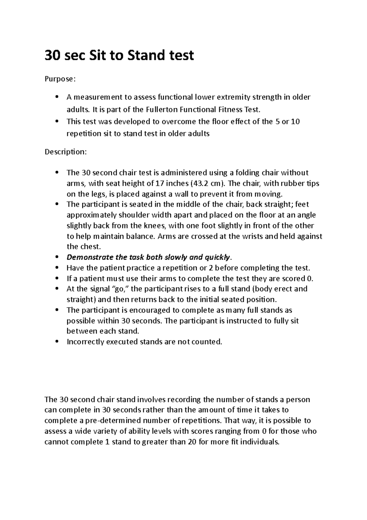 30 sec Sit to Stand Test: Assessing Lower Extremity Strength - Studocu