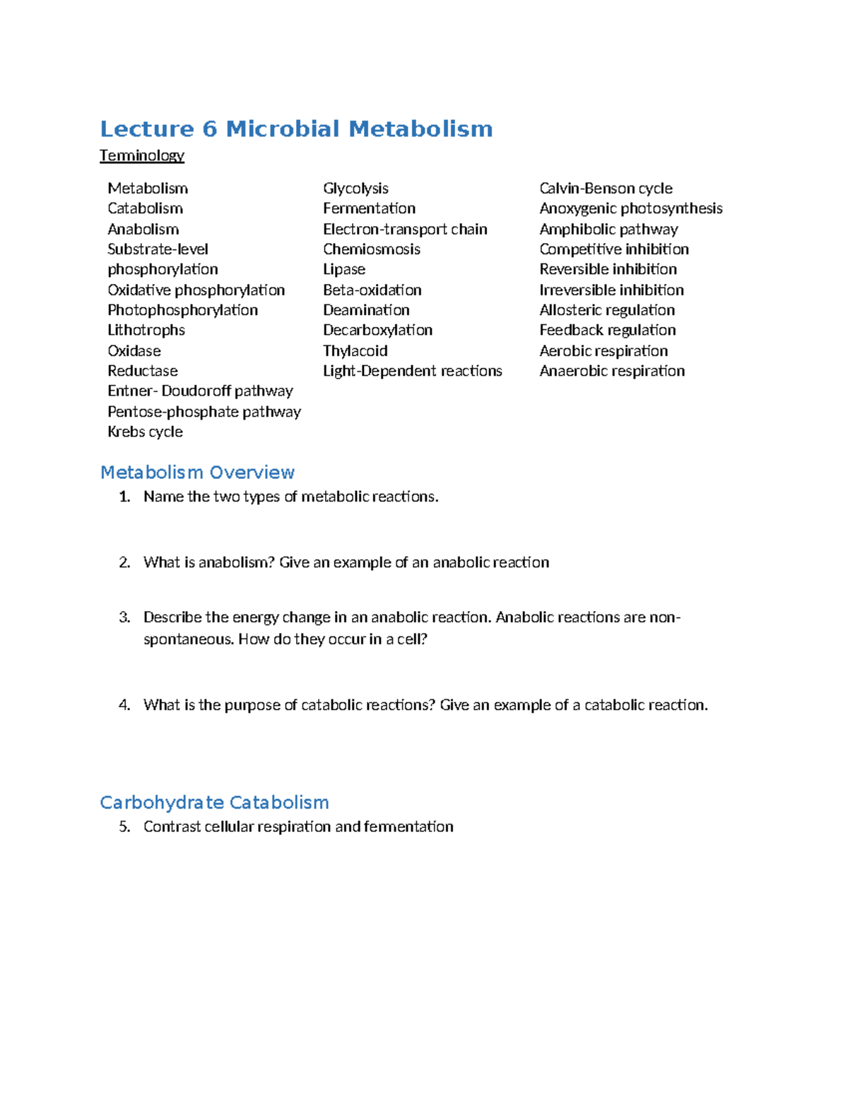 Microbial Metabolism Overview: Lecture 6 Notes and Key Concepts ...