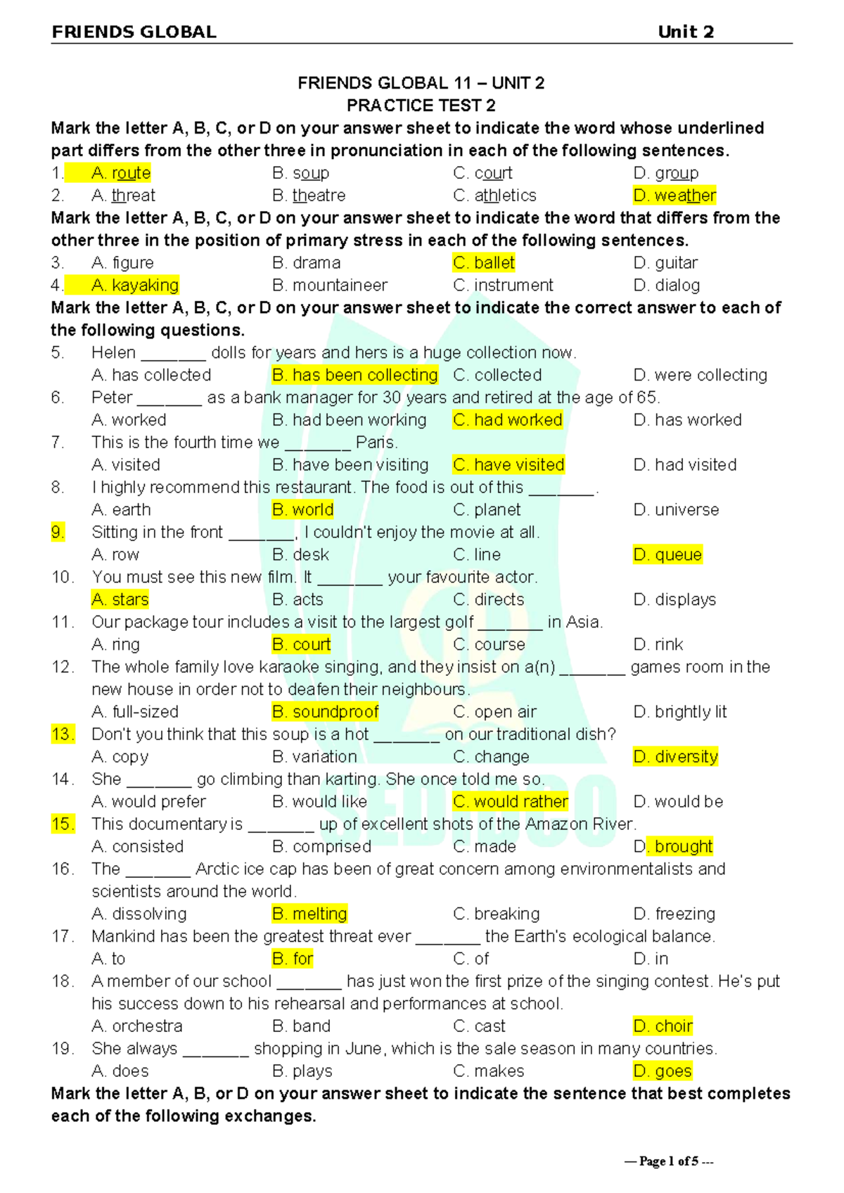 Tieng Anh 11 FRIENDS GLOBAL - Unit 2 Practice Test 2 - Studocu