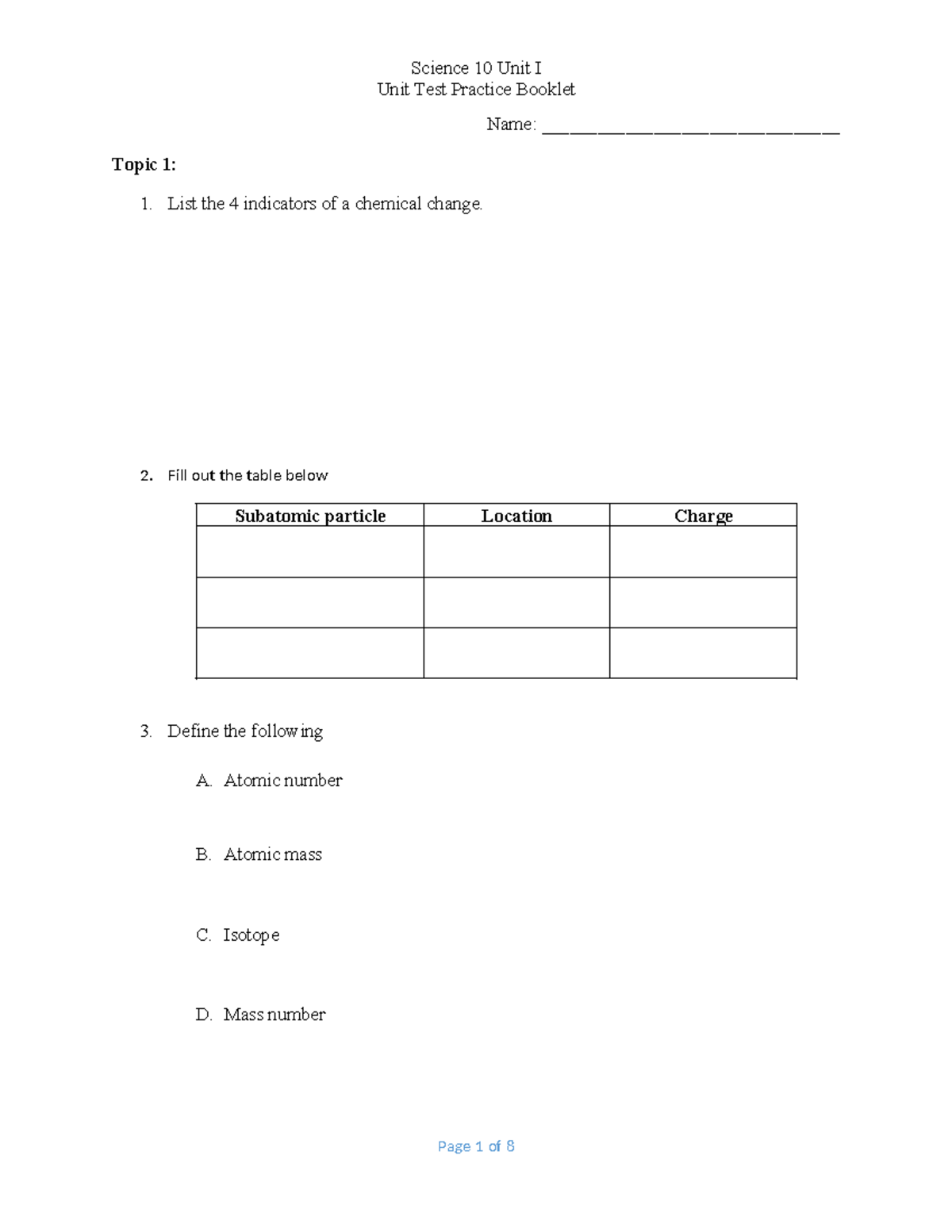 Science 10 Unit I Review Questions: Chemical Changes & Compounds - Studocu