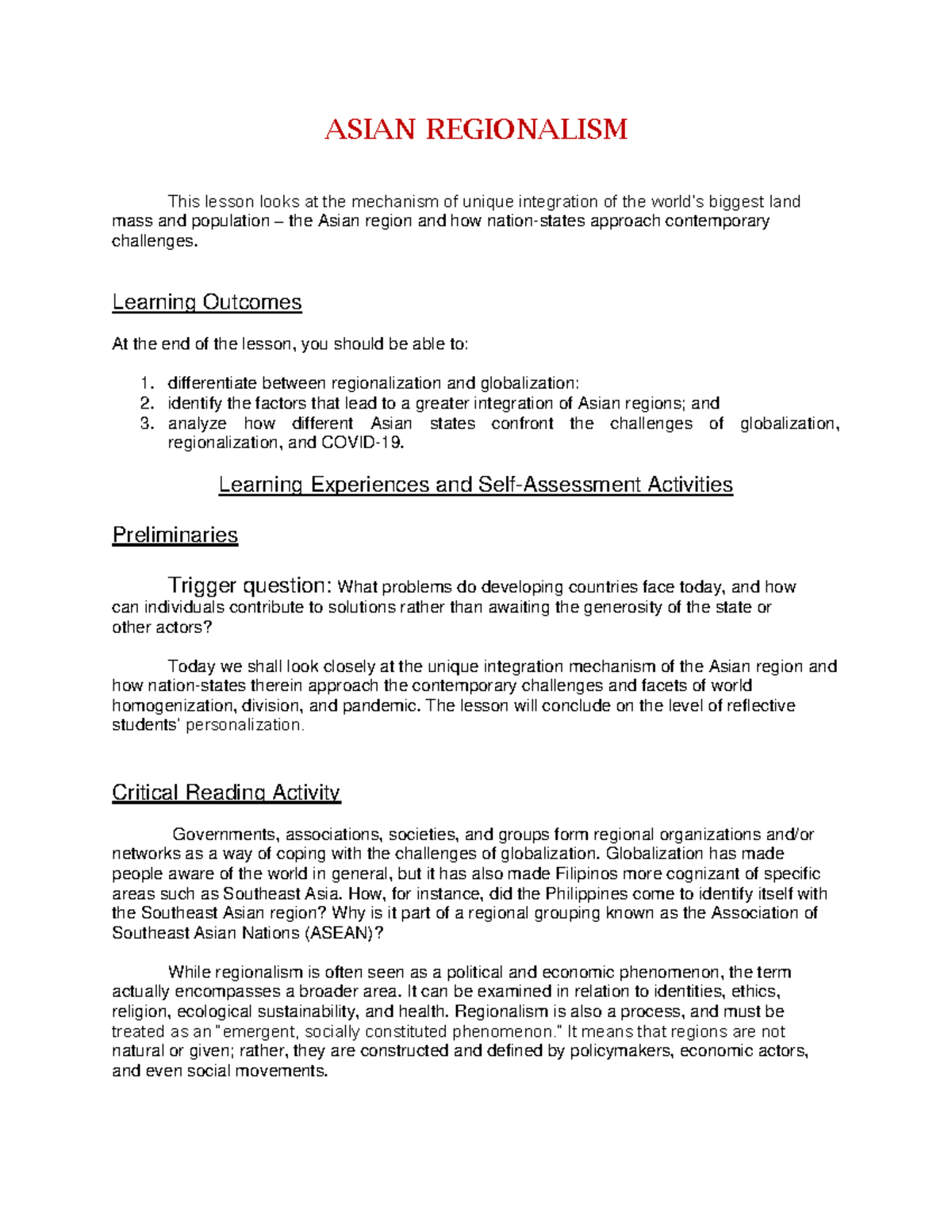 Asian Regionalism - ASIA - ASIAN REGIONALISM This lesson looks at the ...