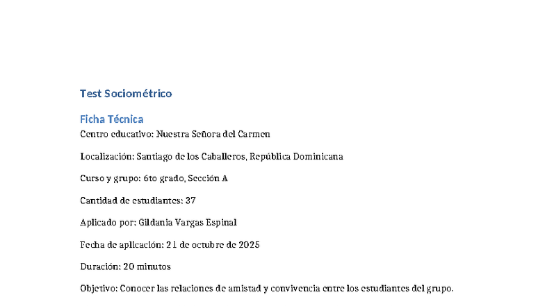 Test Sociométrico 222 - Análisis de Relaciones en 6to Grado A - Studocu