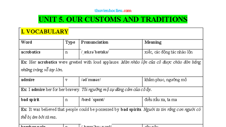 UNIT 5: OUR CUSTOMS AND TRADITIONS - Vocabulary & Exercises - Studocu