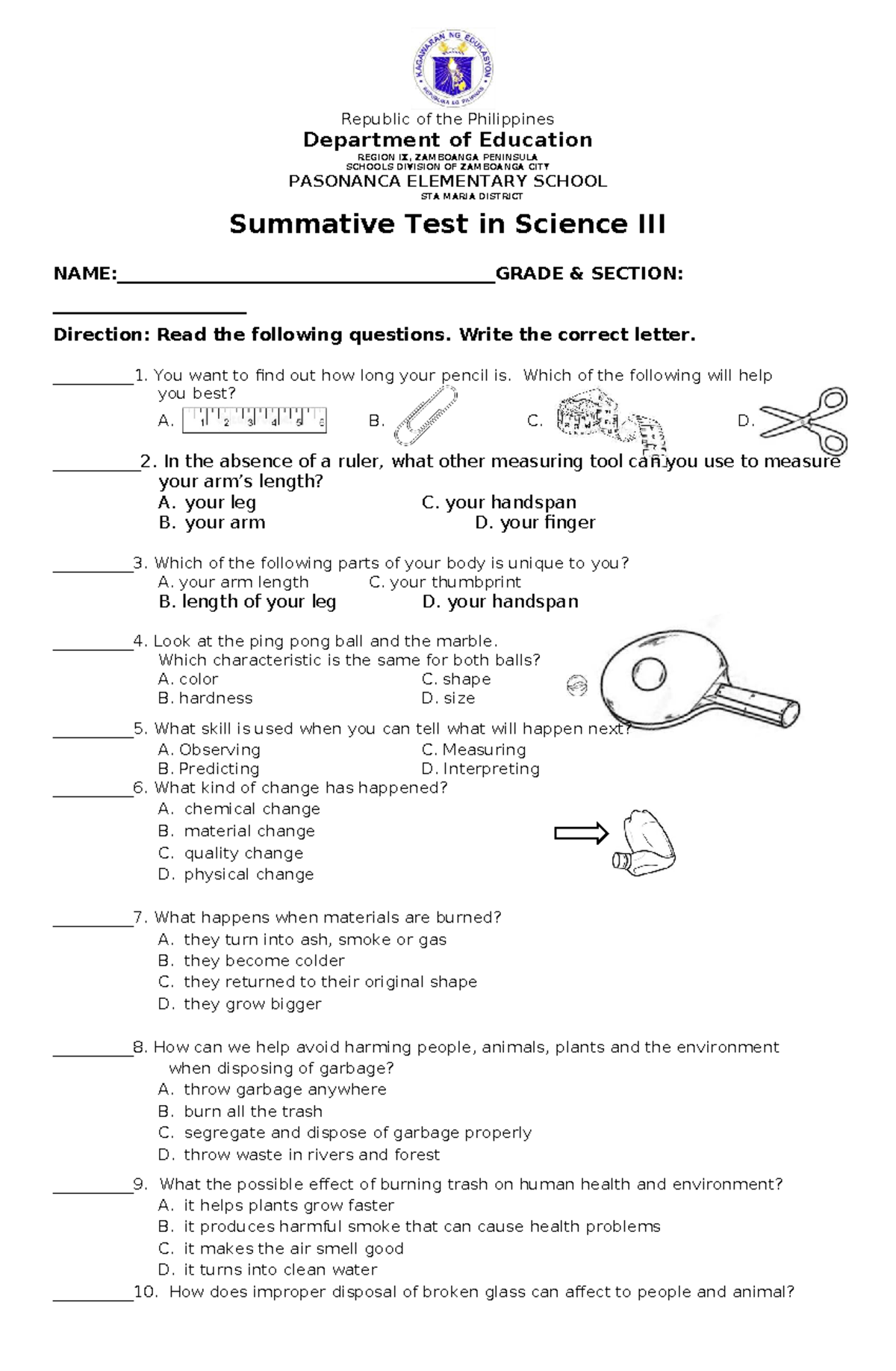 Q1 Summative Test in Science - Pasonanca Elementary School - Studocu
