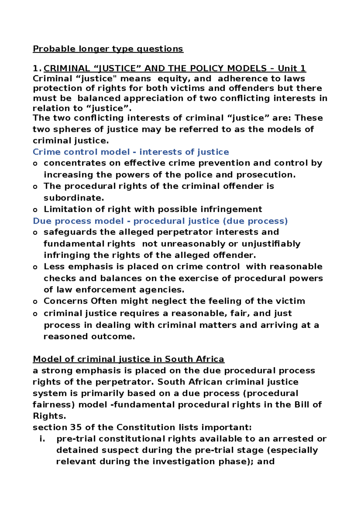 CRIMINAL JUSTICE MODELS: Key Concepts & Unit Insights (CRIM 101) - Studocu