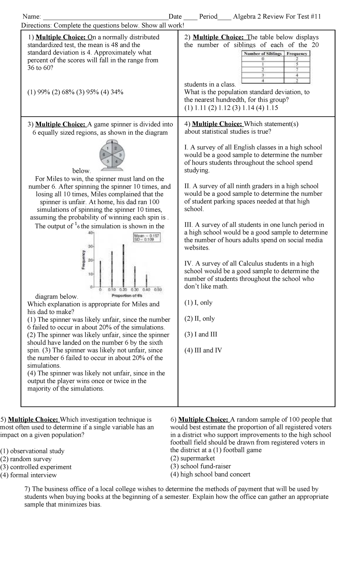 Algebra 2 Review for Test #11: Statistics and Probability Problems ...