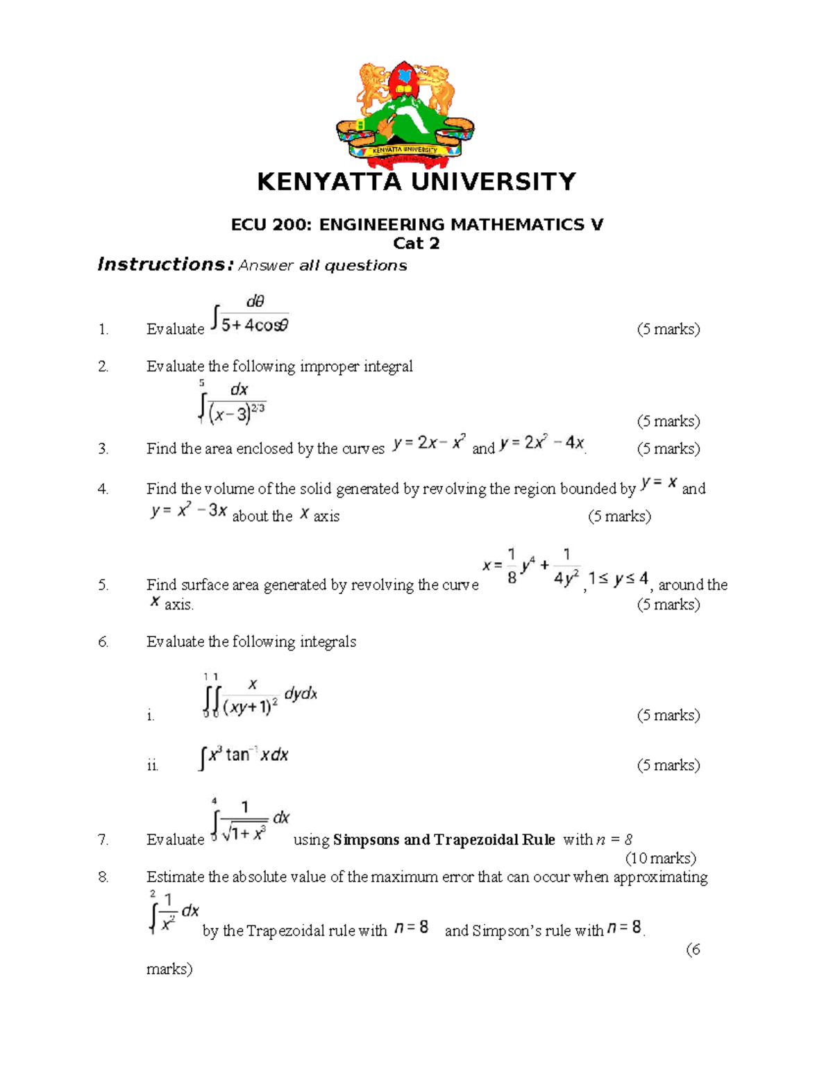 ECU 200: Engineering Mathematics V - Cat 2 Exam Notes - Studocu