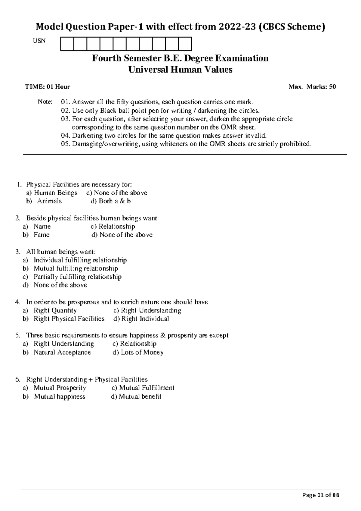 BUHV408 Final Exam Model Question Paper for Universal Human Values ...
