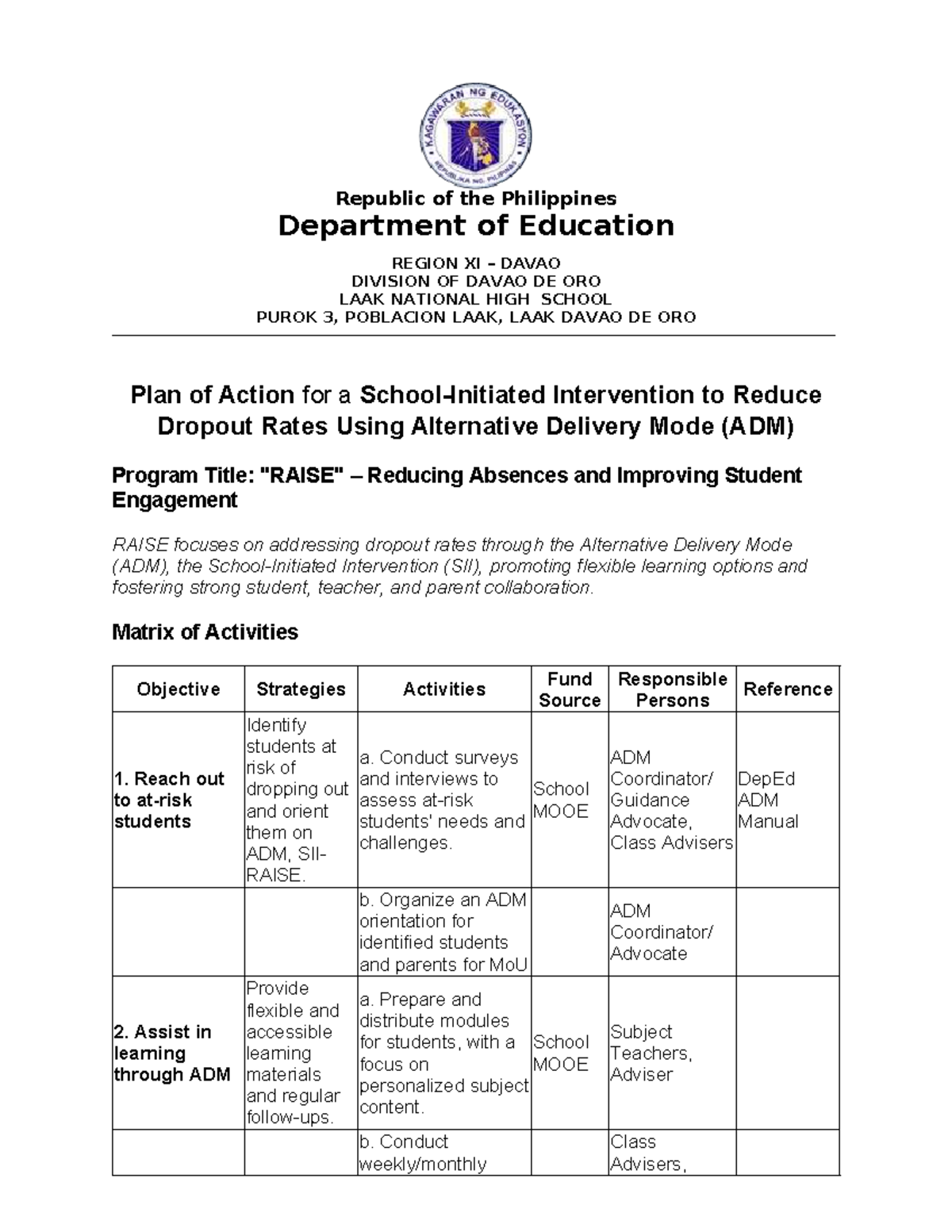 ADM Action Plan: Reducing Dropout Rates through Flexible Learning - Studocu