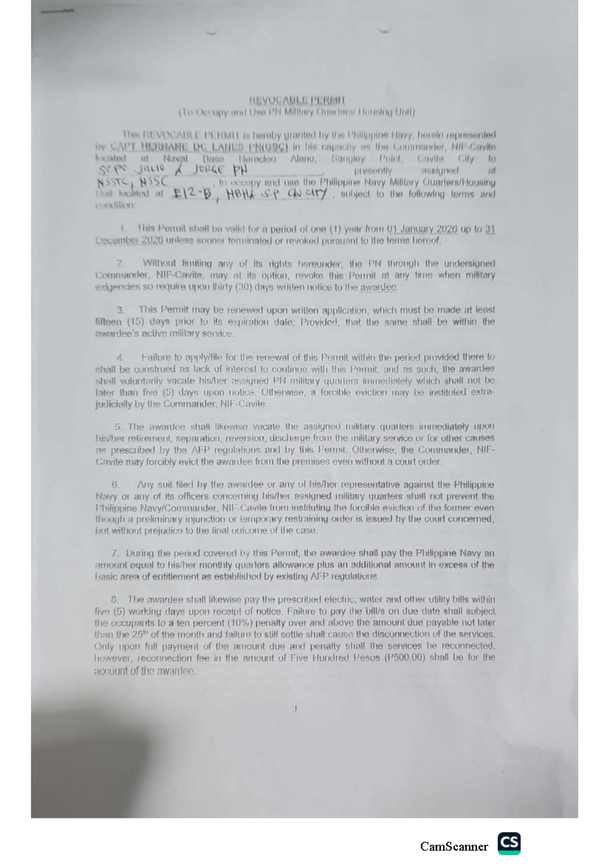 Revocable Permit for Occupancy of PN Military Housing Unit - Studocu