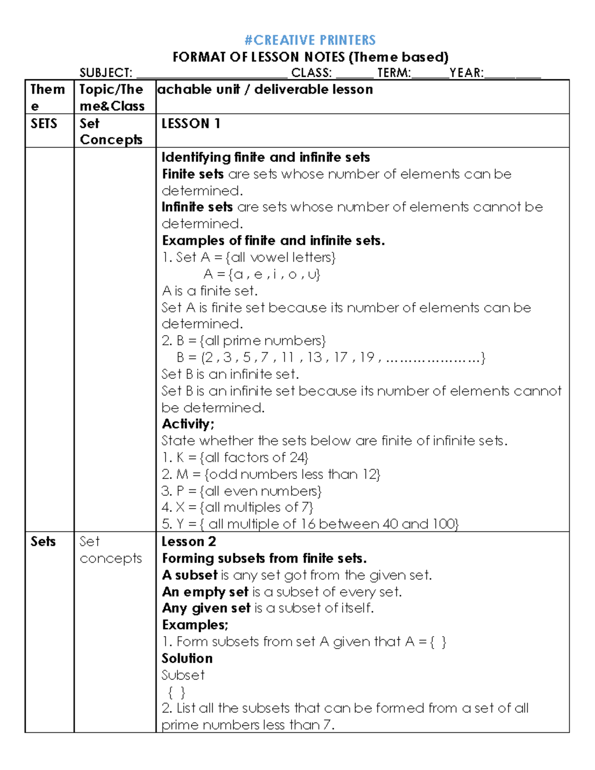 M.T.C P.7 TERM 1 - Lesson Notes on Sets and Probability Concepts - Studocu