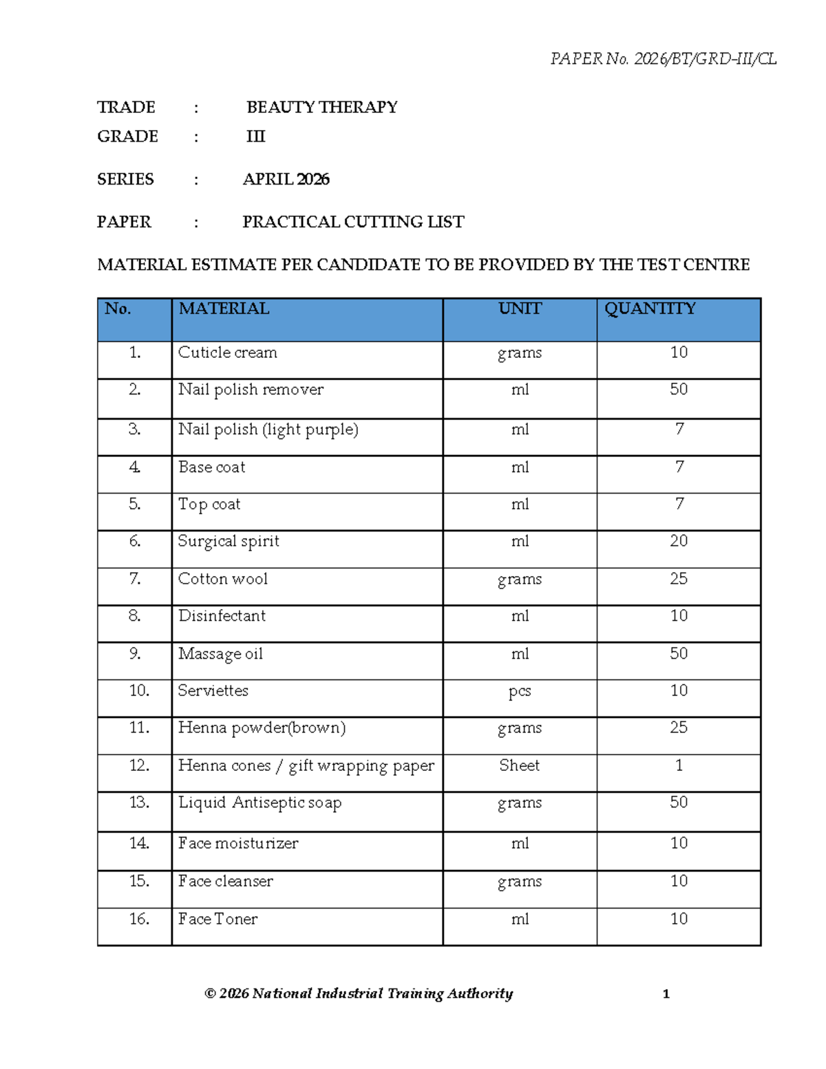 TRADE: BEAUTY THERAPY PRACTICAL CUTTING LIST 2026 - Studocu