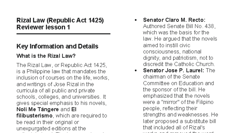 Rizal Law (Republic Act 1425) Lesson 1: Key Information & Details - Studocu