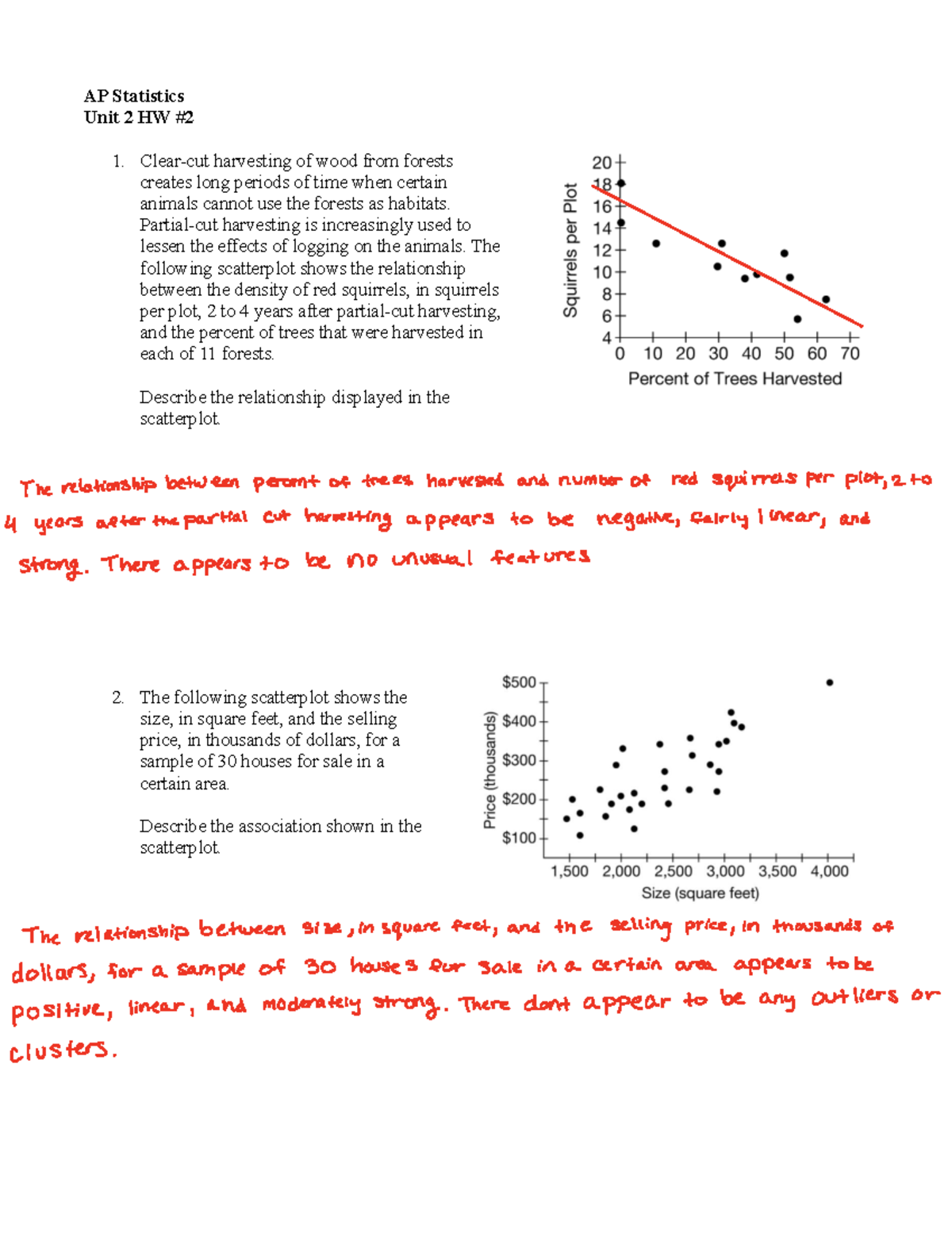 AP Statistics Unit 2 Homework 2: Scatterplot Analysis - Studocu
