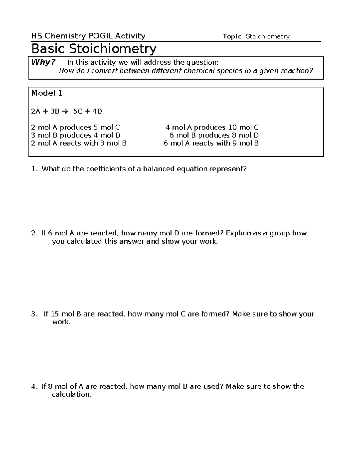 HS Chemistry POGIL activity: Basic stoichiometry concepts and ...