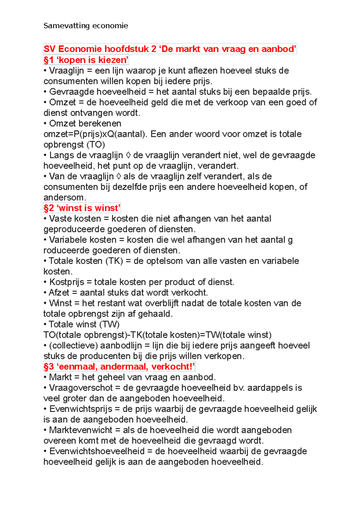 SV Economie Hoofdstuk 2: Markt van Vraag en Aanbod Samenvatting ...