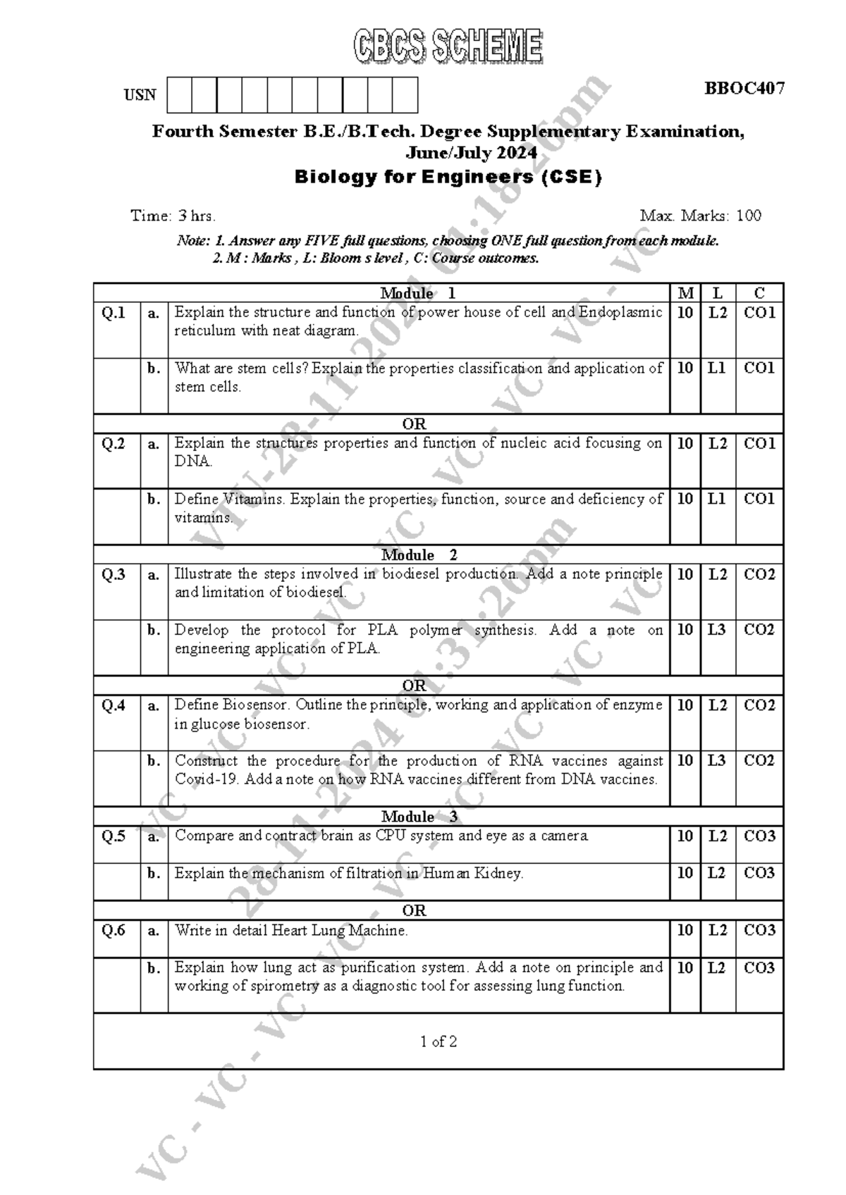 BBOC407: Biology for Engineers - Fourth Sem Supplementary Exam 2024 ...