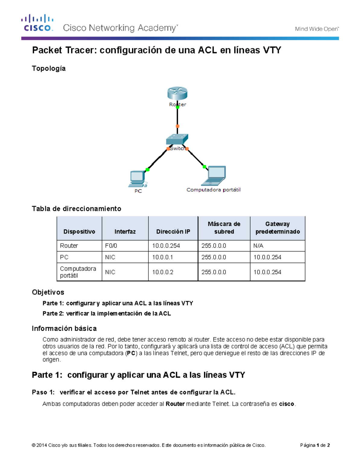9.2.3.3 Packet Tracer - Configuring an ACL on VTY Lines Instructions ...