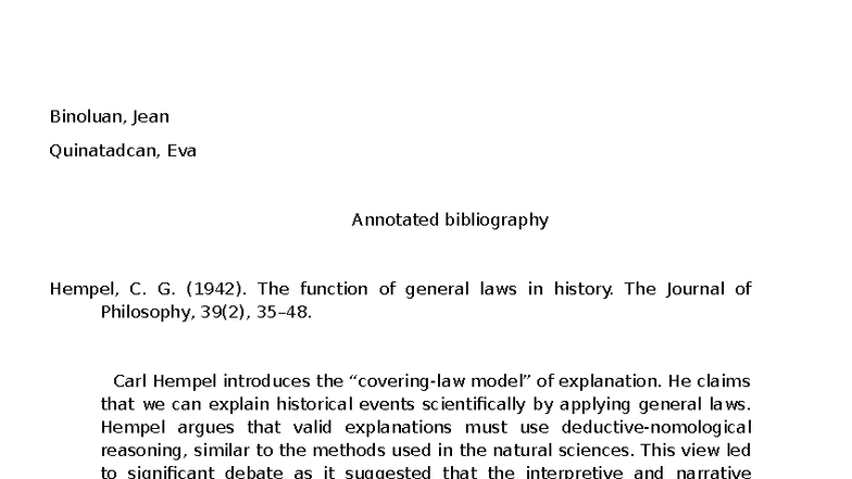 Annotated Bibliography: Analytic Philosophy of History (AB History 2 ...