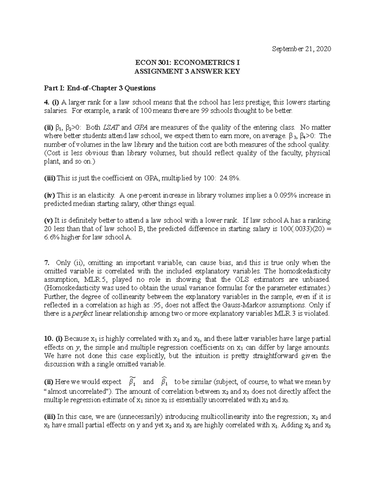 Assignment 3 Answer Key September 21 2020 Econ 301 Econometrics I