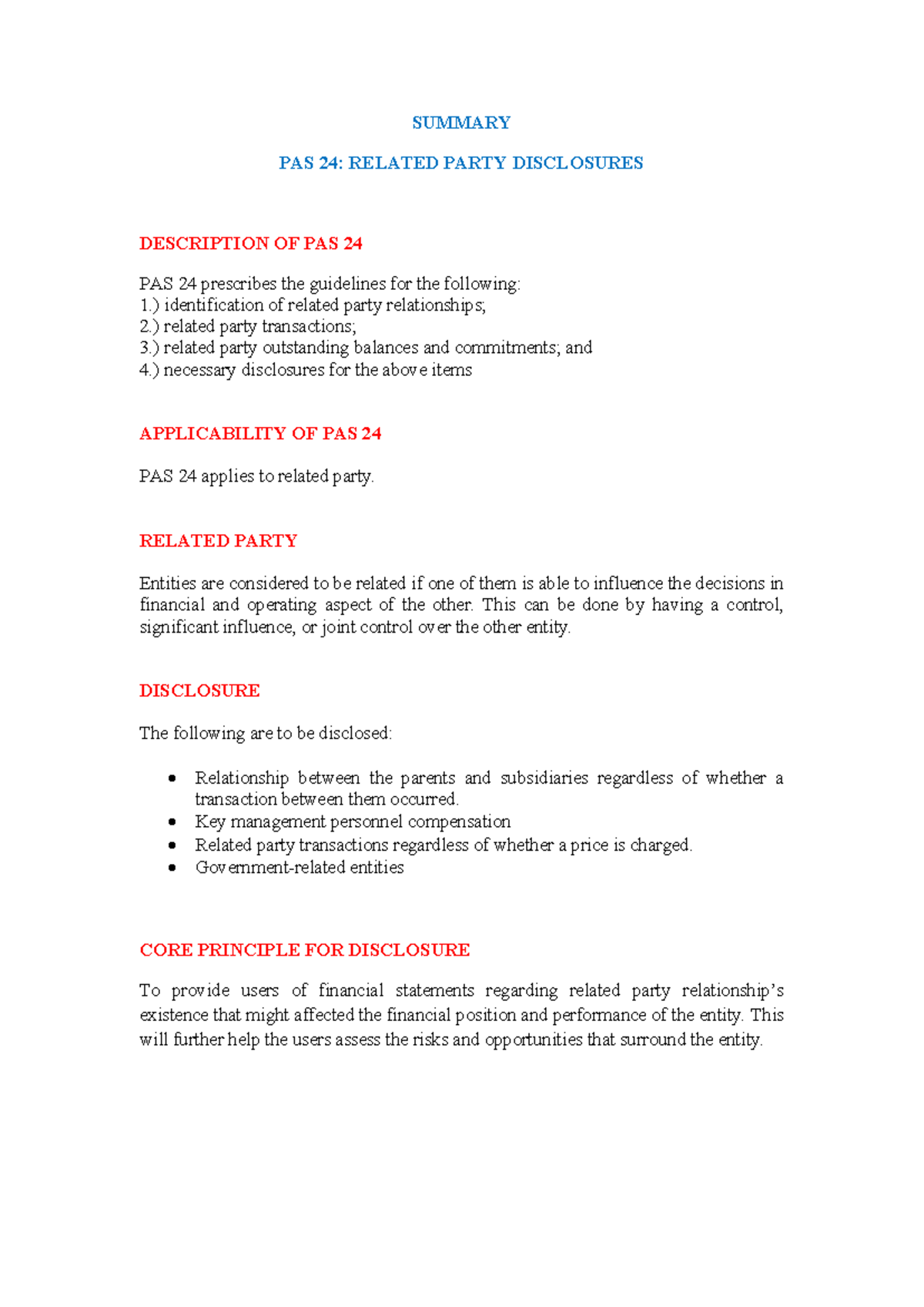 PAS 24 Summary - Related Party Disclosures Overview - Studocu