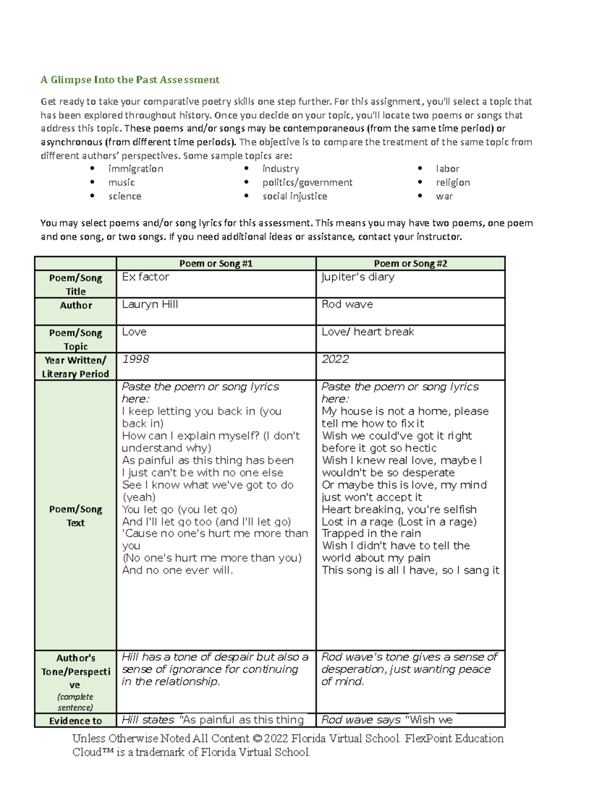 A glimpse into the past assess rubric - A Glimpse Into the Past ...