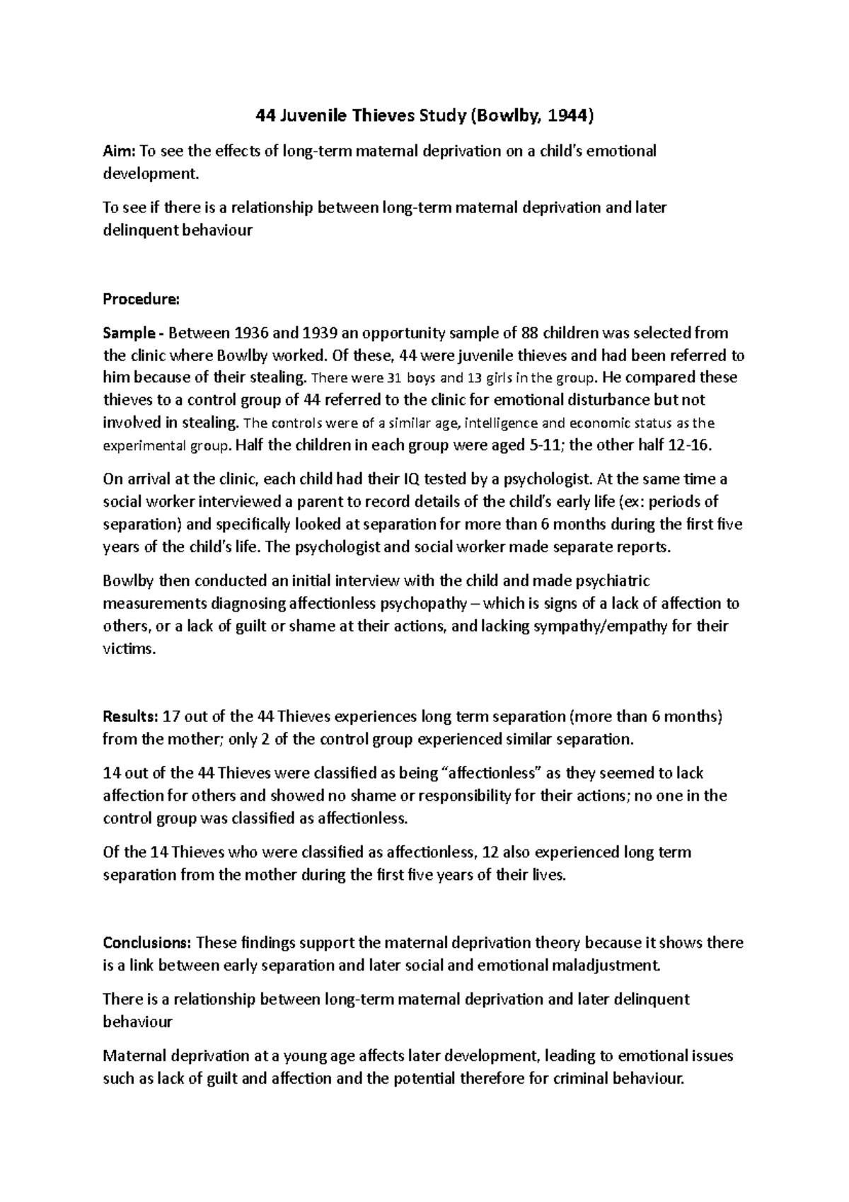 Bowlby's 44 Juvenile Thieves Study - 44 Juvenile Thieves Study (Bowlby ...